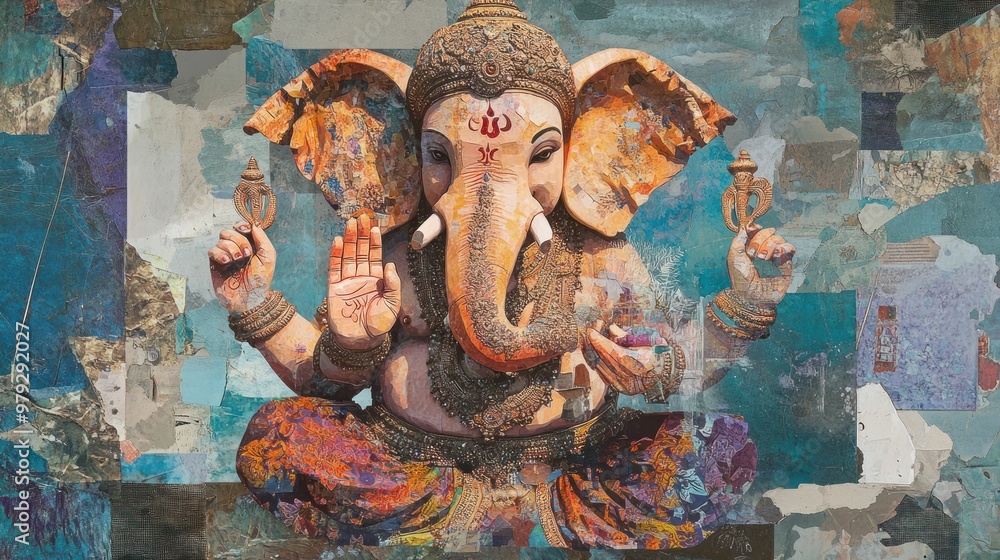 An abstract collage of Ganesh, combining various textures, colors, and ...