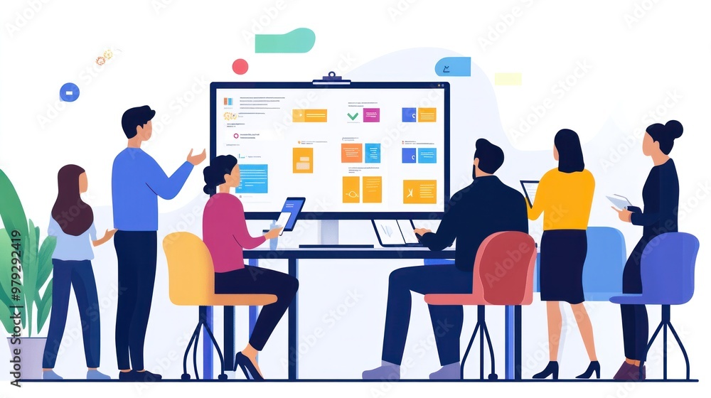 An agile project manager facilitating a daily stand-up meeting with a ...