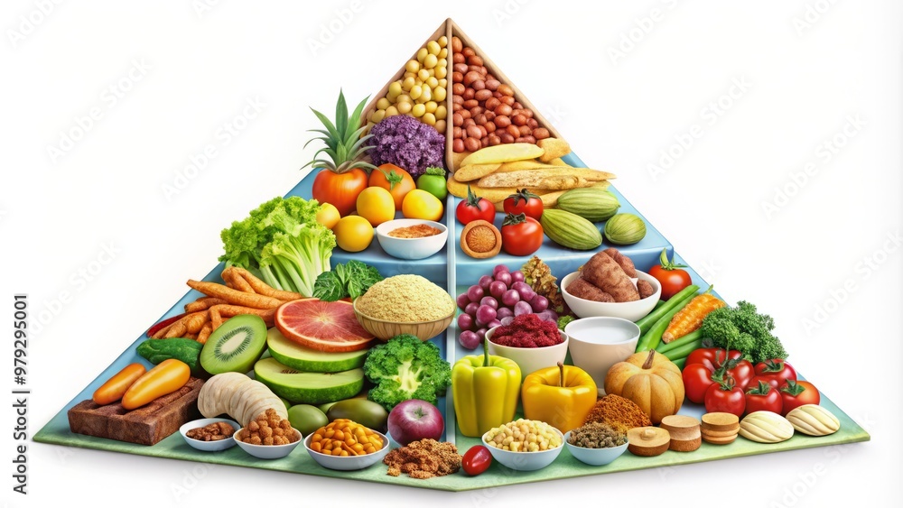 Vibrant illustration of the food pyramid, featuring colorful icons of ...