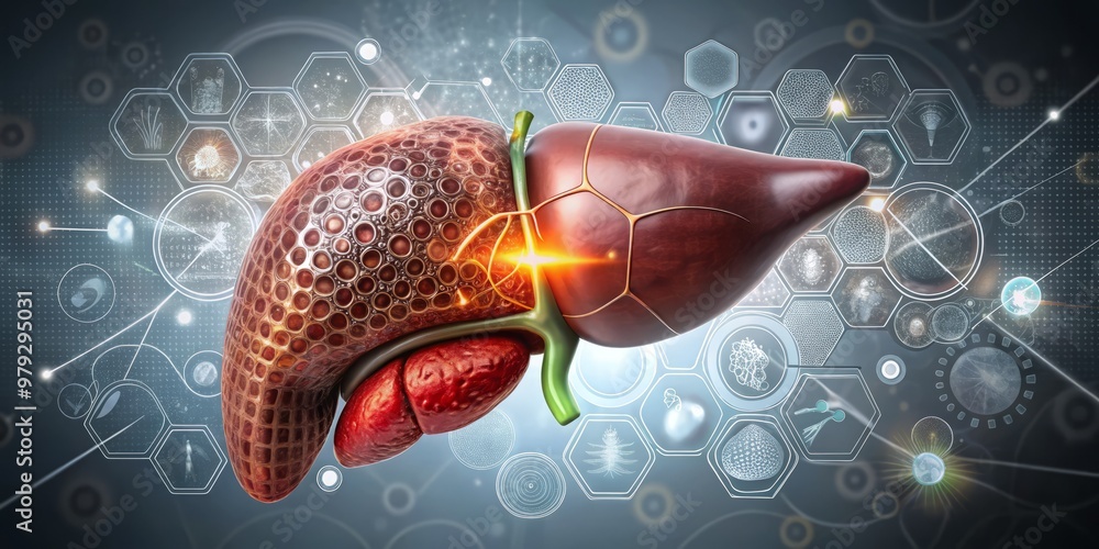 A highly detailed and realistic illustration of the liver with ...