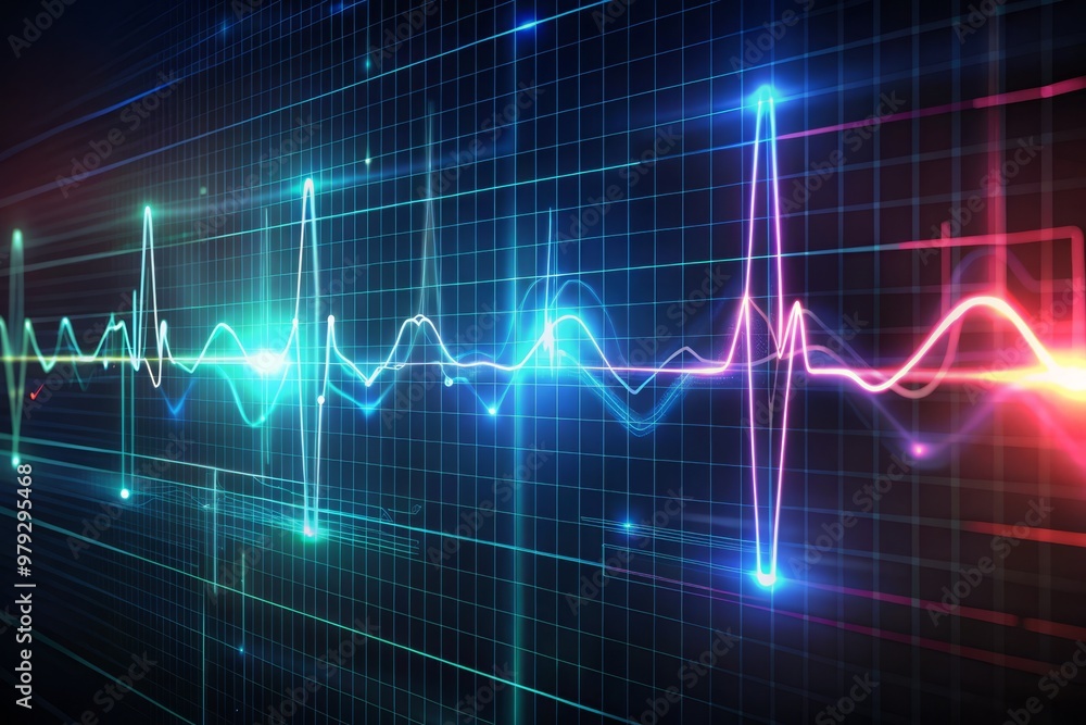 A futuristic medical interface displaying a 3D ECG waveform against a ...