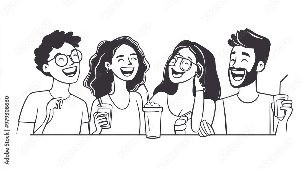 Simple line art depicting a group of friends holding drinks and ...