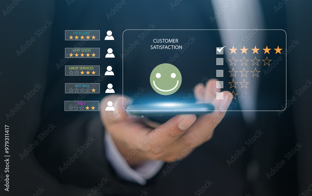Customer satisfaction feedback with five star rating system, hand hold ...
