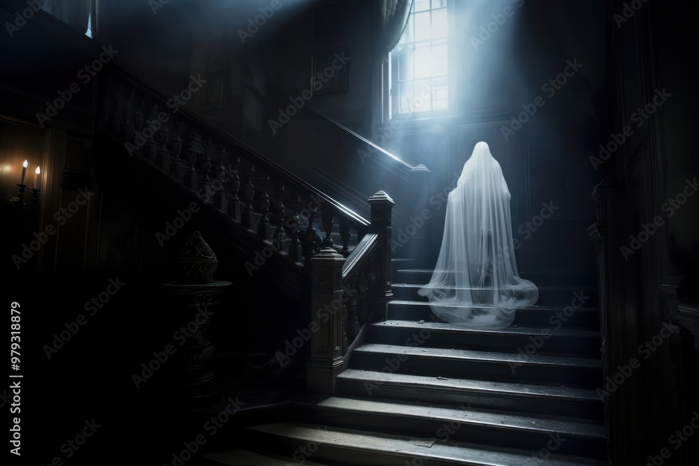 A ghost standing on the stair in the black old mansion and have a light ...