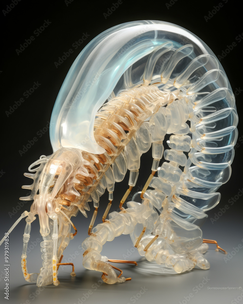 A highly detailed futuristic biomechanical insect with a transparent ...