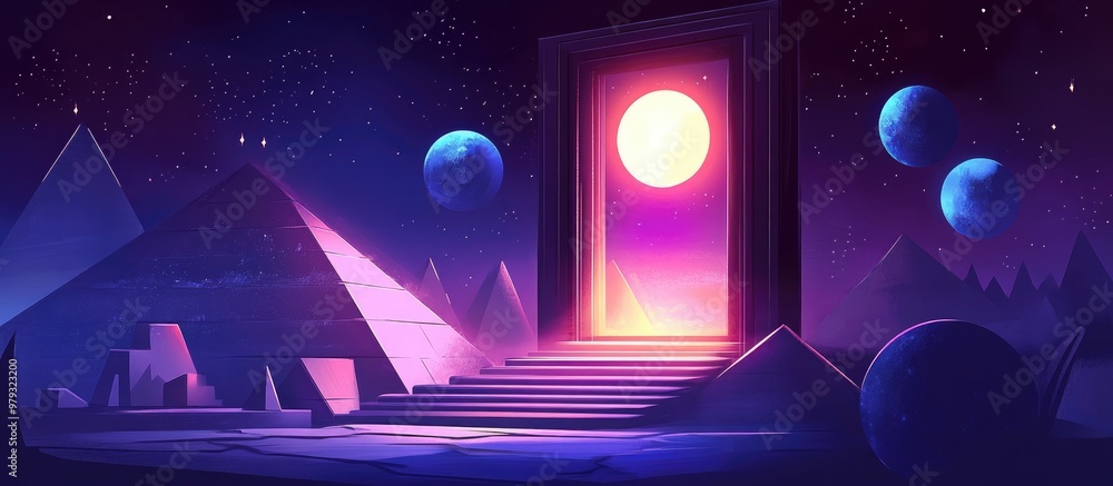 Surreal illustration featuring a window alongside pyramids spheres and ...