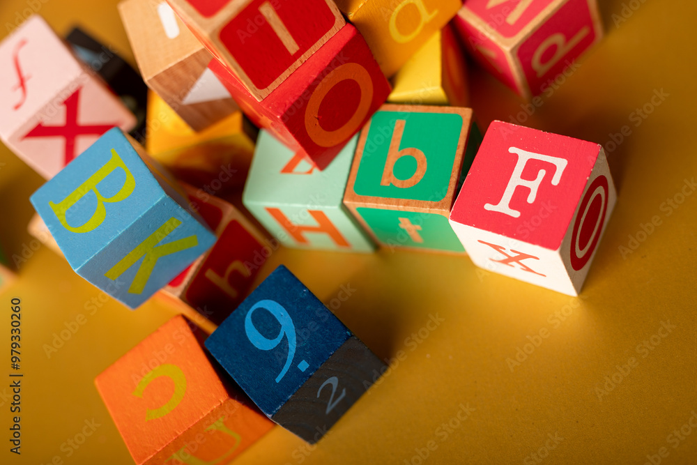 Poster A jumbled pile of colorful alphabet blocks on a yellow surface ...