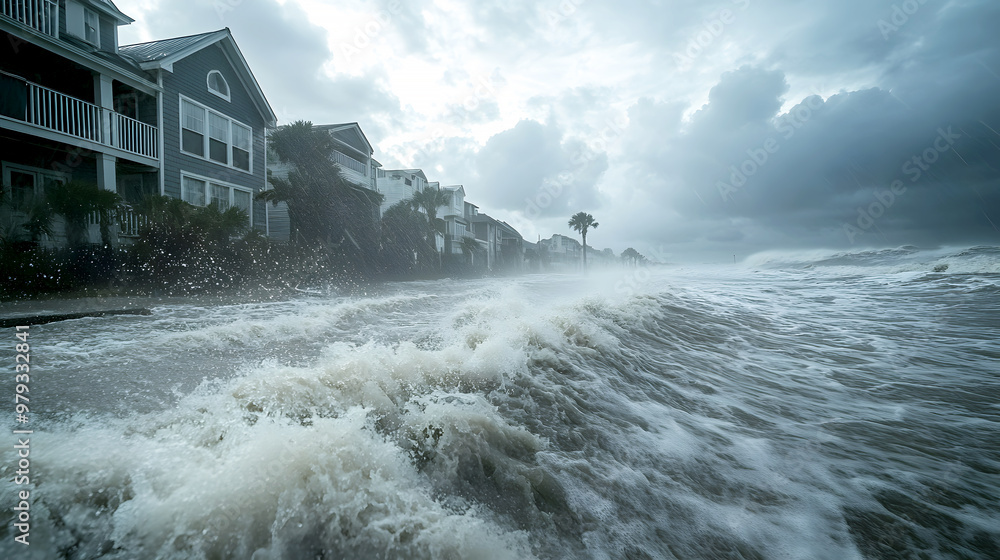 Coastal buildings being battered by storm surge and flash flooding as a ...