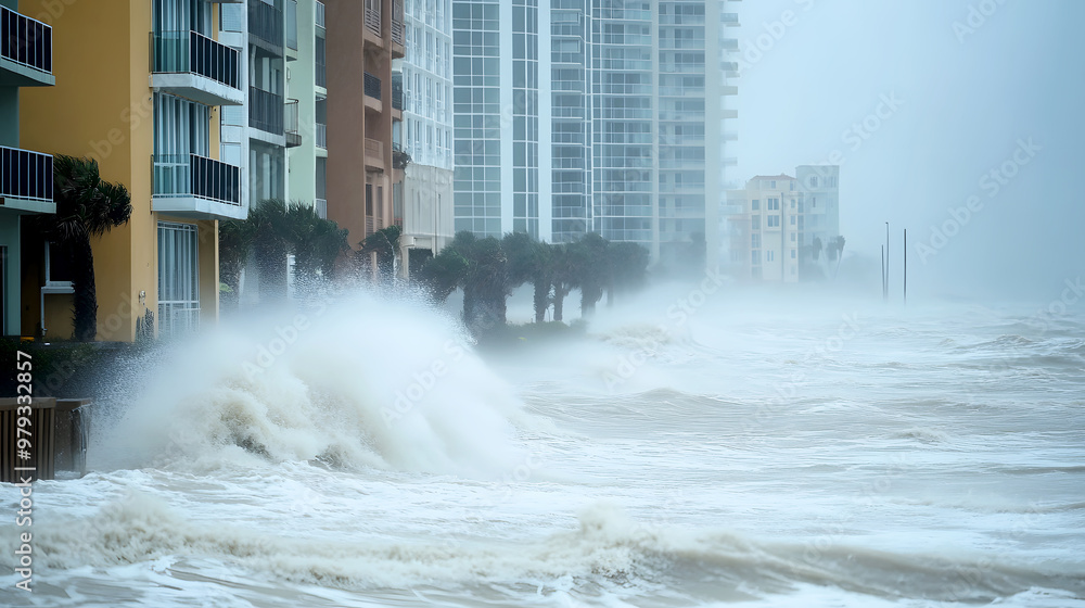 Coastal buildings being battered by storm surge and flash flooding as a ...