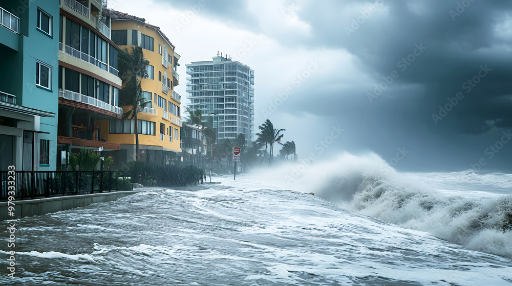 Coastal buildings being battered by storm surge and flash flooding as a ...