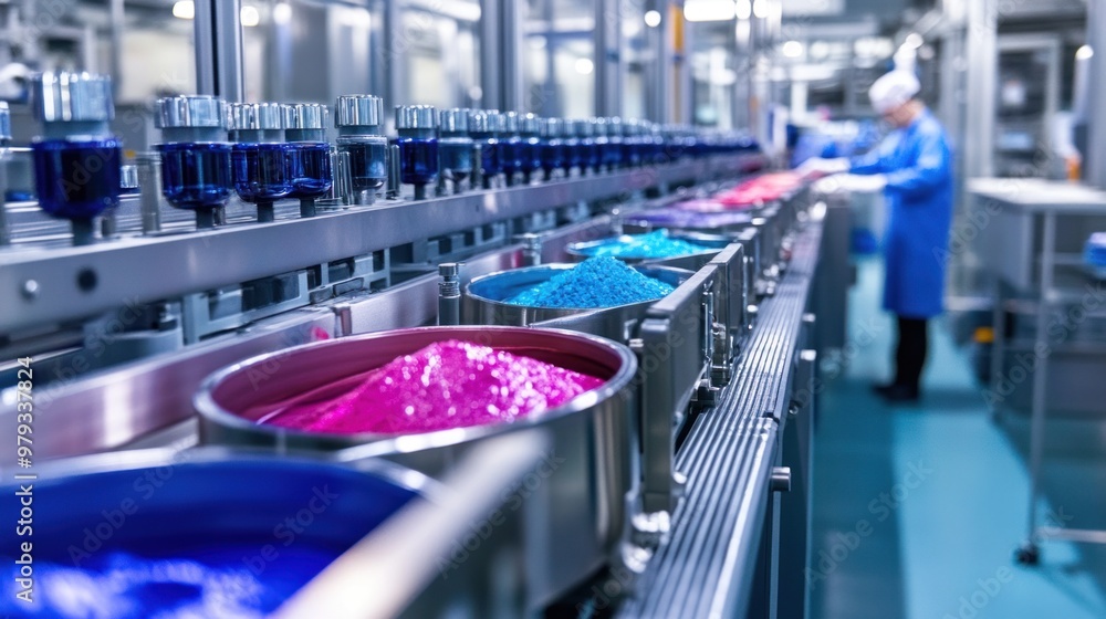 Inside a modern cosmetics manufacturing factory, rows of stainless ...