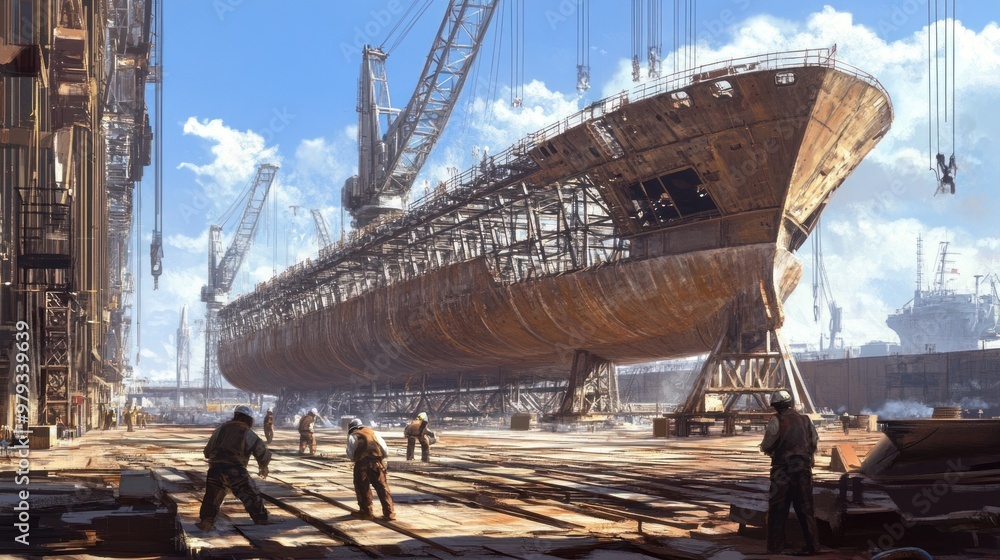 In a bustling shipyard, workers are assembling the massive steel hull ...