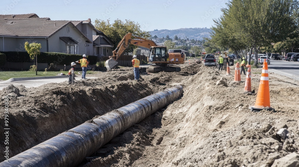 In a suburban neighborhood, workers are installing a large drainage ...