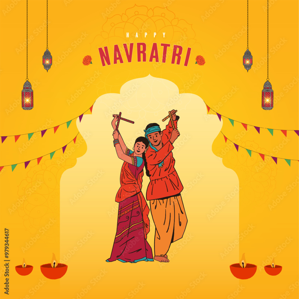 Happy Navratri text with Gujarathi couple playing Dandiya dance vector ...