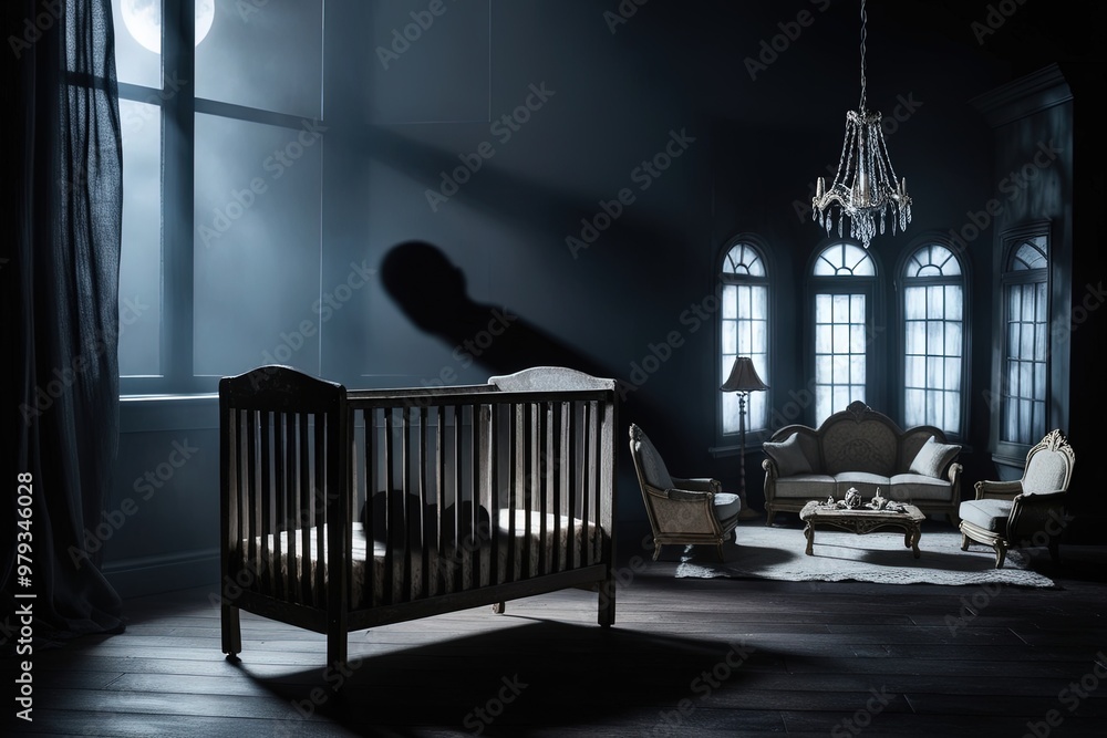 A dimly lit, old, and worn wooden baby crib stands near a large ...