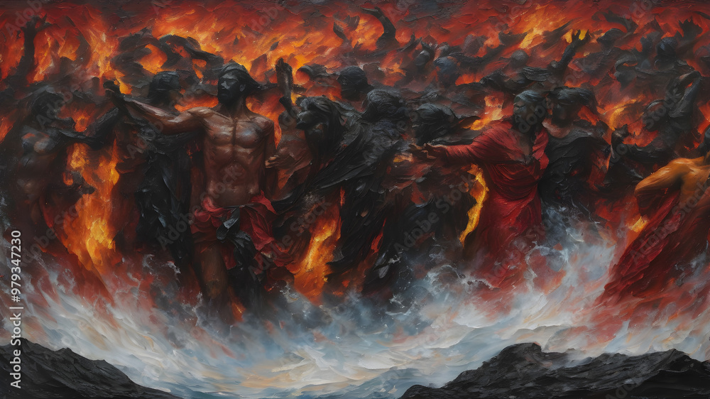 A painting of hell of suffering and eternal damnation. partially ...
