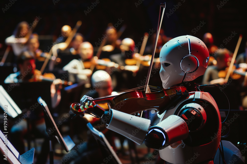 Android robot violinists playing in a violin string section orchestra ...