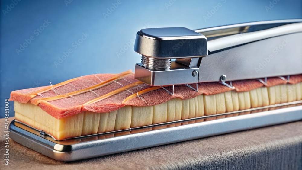 Depiction of a linear stapler being used to close a skin incision, with ...