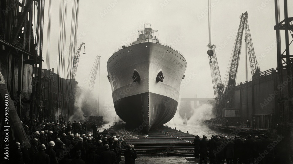 The launching process of the ship is depicted, where the vessel is ...