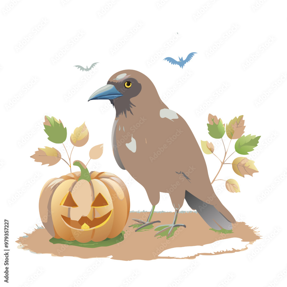 Raven's Halloween Perch: A watchful raven stands guard by a glowing ...