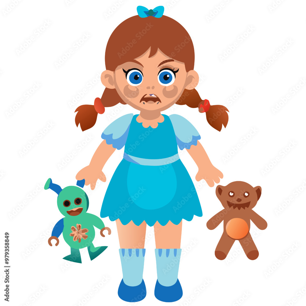 Creepy Doll with Toy Friends: A terrifying illustration of a doll with ...