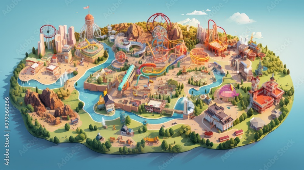 A playful, cartoon-style tourist map of a theme park, featuring fun ...