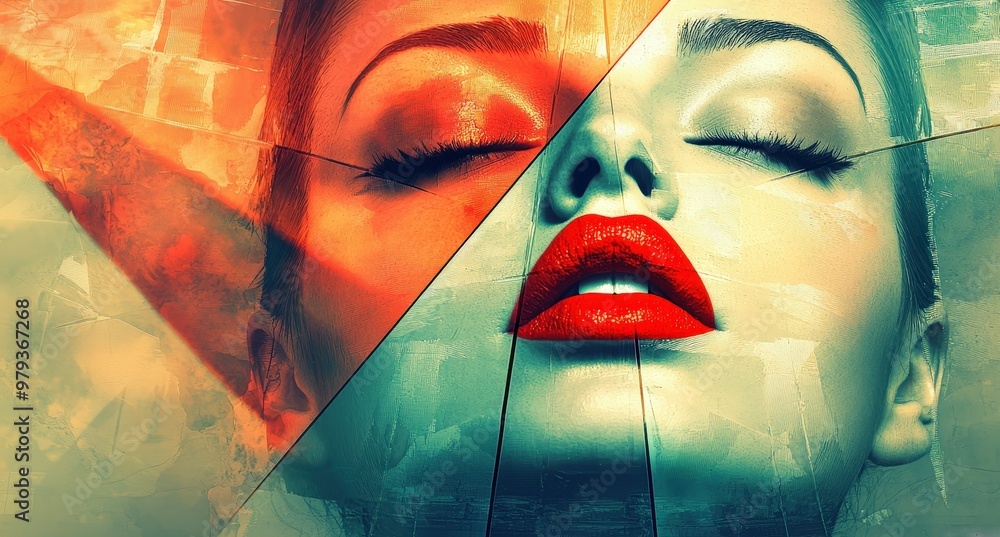 A striking artwork captures a woman's face, blending intense colors and ...