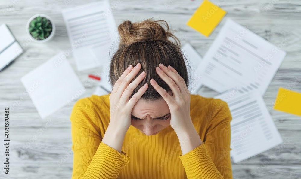 Frustrated woman struggling with stress from paperwork and deadlines in ...
