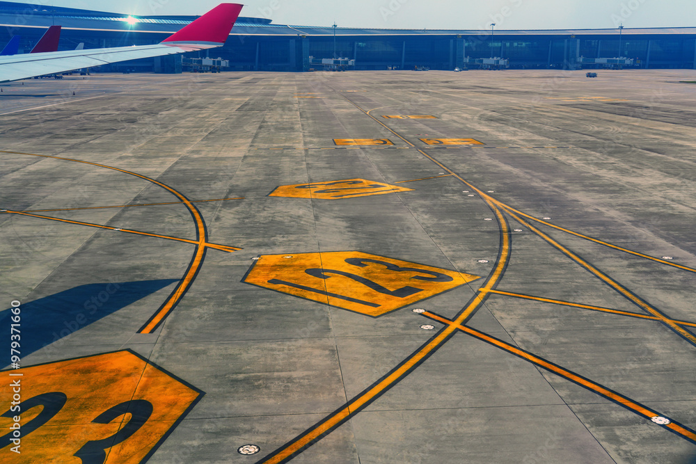 Markings with indicators, lines and numbers on taxiways for aircraft ...