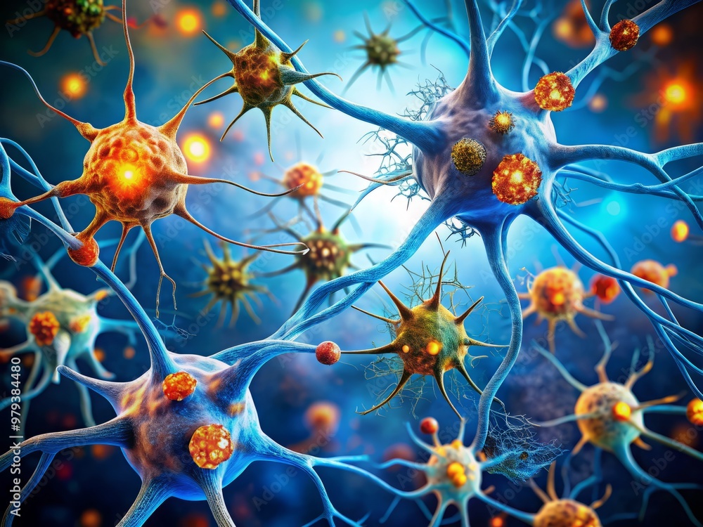 Microglia cells in the brain surrounded by inflamed neurons and ...