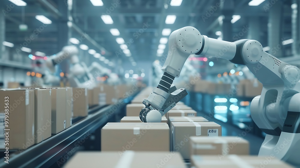 Industrial robot arm is seen working on a conveyor belt in a warehouse ...