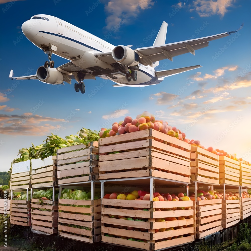 Airplane landing over crates of fresh produce, symbolizing global food ...