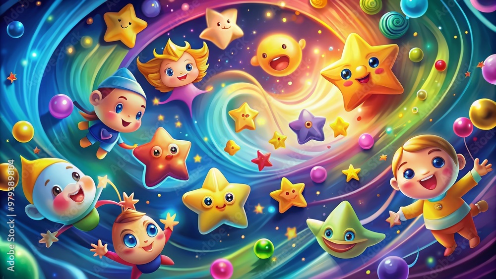 Colorful cartoon characters, stars, and shapes swirl together in a ...