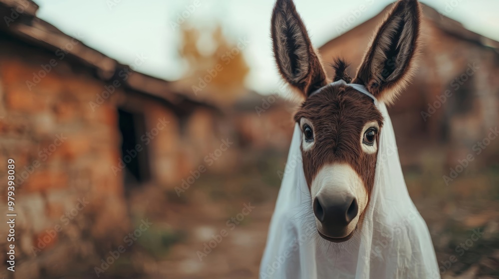 Donkey dressed as a ghost walking through a haunted farm, ghost donkey ...