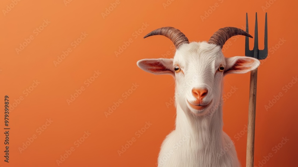 Goat in a devil costume with tiny horns and a pitchfork, devil goat ...