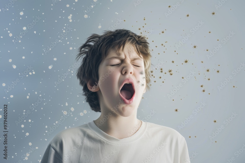 White teen boy sneezes demonstrating how germs spread air. White boy ...