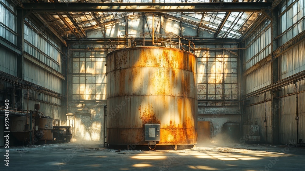 Large stainless steel tank inside a derelict factory, rust streaks ...