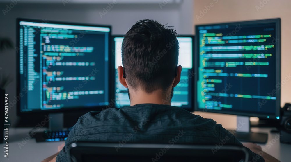 Coding Haven, a developer immersed in programming, surrounded by three ... Coding Haven, a developer immersed in programming, surrounded by three ...
