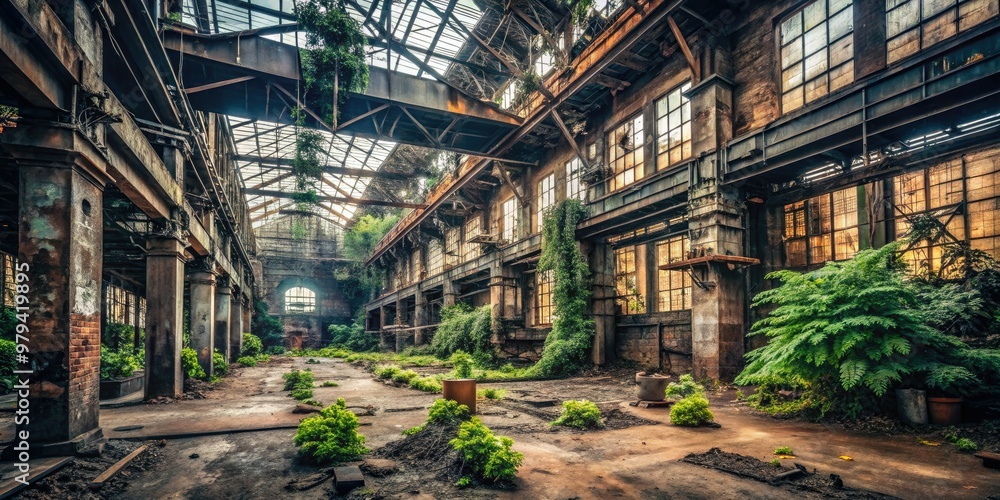 Abandoned factory setting, distressed planthoppers, gritty textures ...