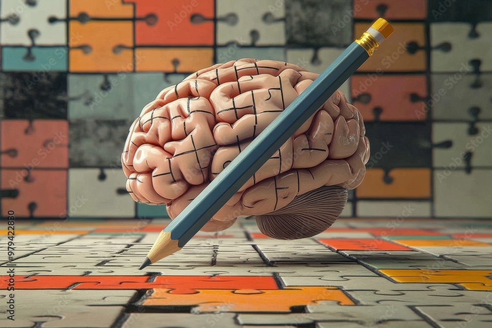 3D brain character doing crossword puzzle with large pencil and vibrant ...