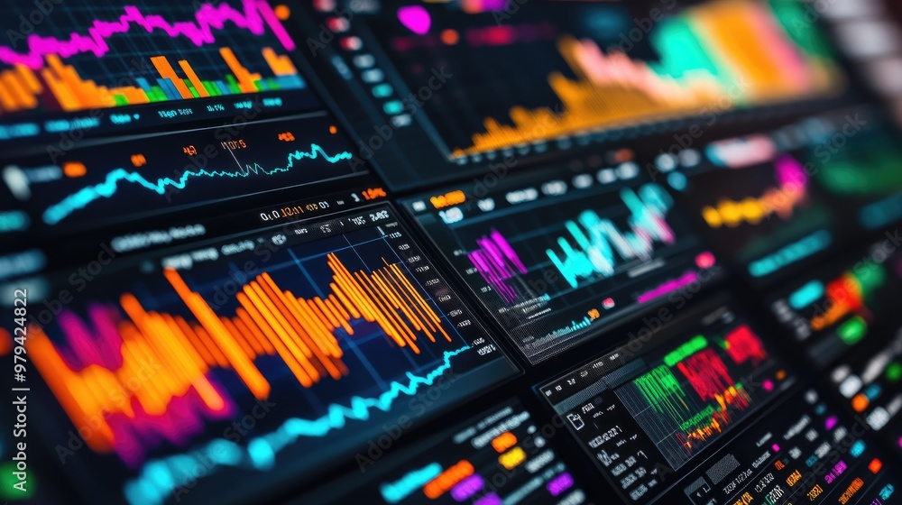 Close-up of a stock trading dashboard with multiple charts showing ...