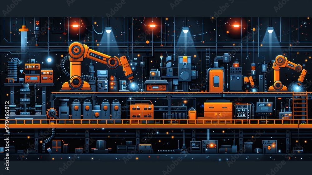 Modern automated factory with robotic arms and machinery under bright ...