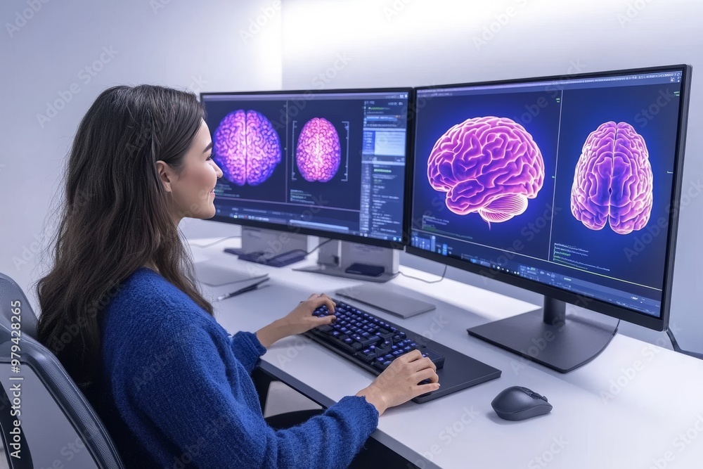 Woman analyzing brain scans on multiple glowing screens symbolizing ...