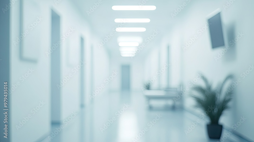 Abstract blur of a medical clinic interior with white walls and bright ...