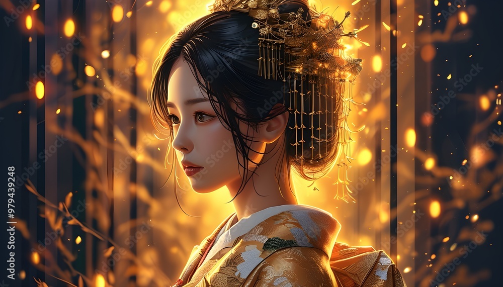 Anime-style portrait of a Japanese goddess in a kintsugi bride kimono ...