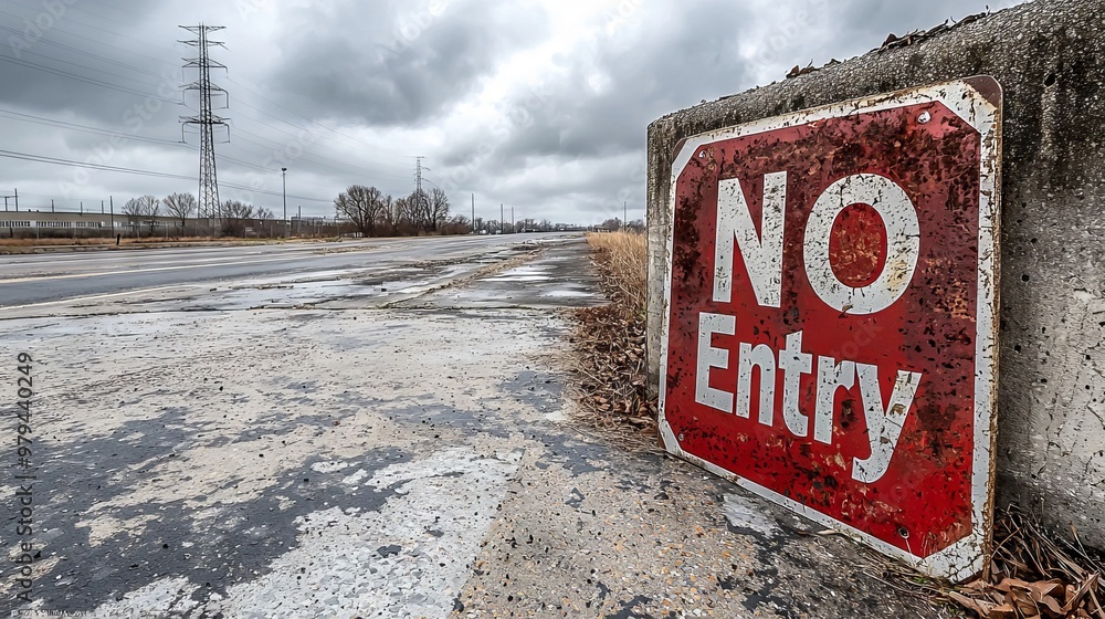 No entry sign on damaged road in industrial area on cloudy day Stock ...