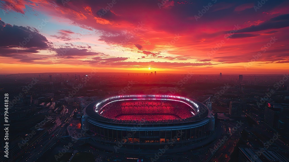High-angle aerial of Wembley Stadium during a sunset concert, with pink ...