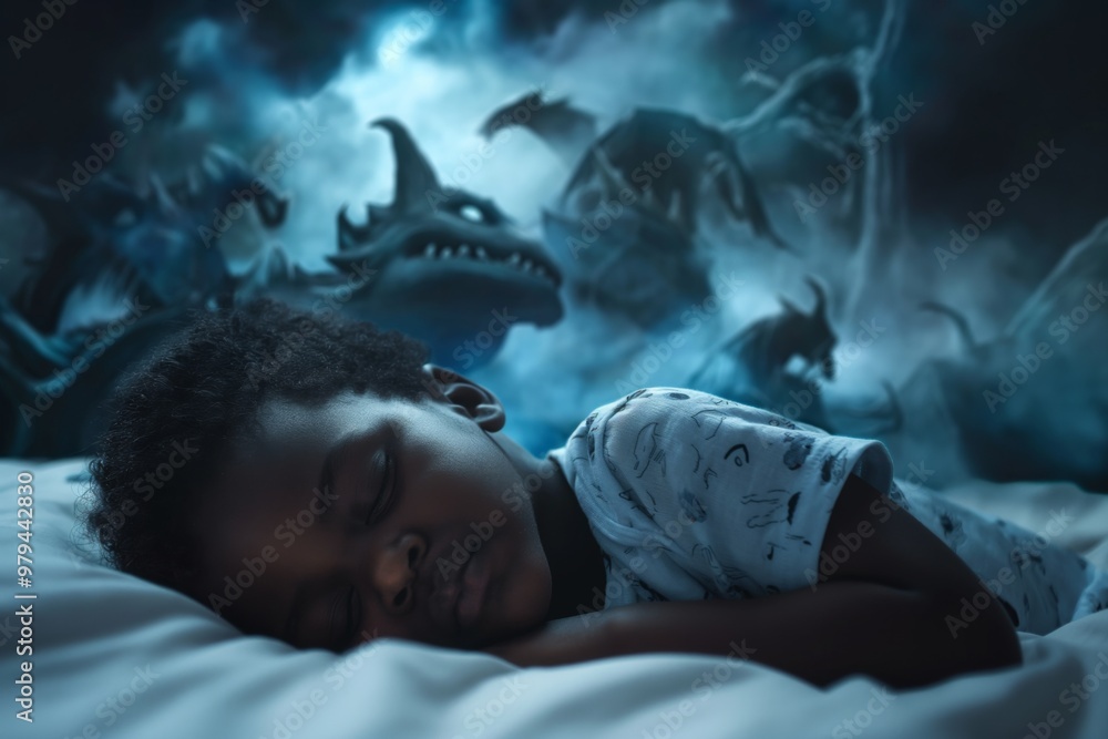 Child is sleeping soundly bed unaware of nightmare around. Fictional ...