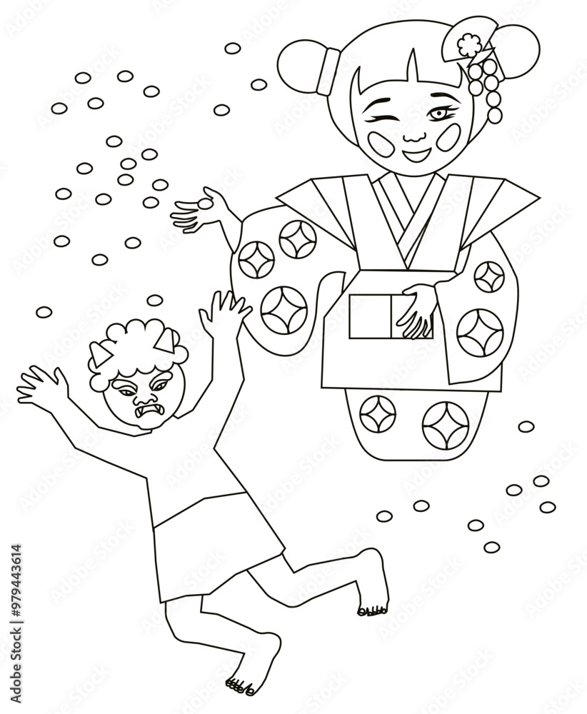 Vector coloring page of Setsubun festival with kokeshi and demon. Stock ...
