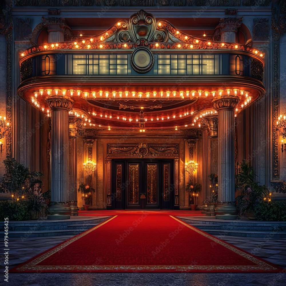 Majestic Theater Entrance with Luxurious Red Carpet Elegant Columns and ...